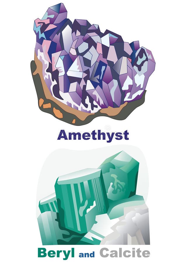 Mineral Crystal Amethyst Beryl and Calcite Stock Vector - Illustration ...