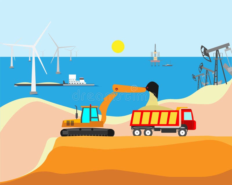 Mineral Extraction Illustration. Extraction of Oil and Sand. Wind Power ...