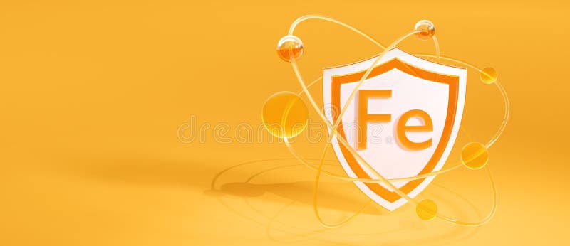 Mineral Iron, the Element Fe on the Shield and Flying Atoms. Wide ...