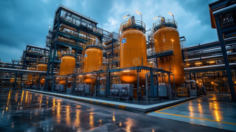Mineral Processing Facility at Dusk with Illuminated Storage Tanks and ...