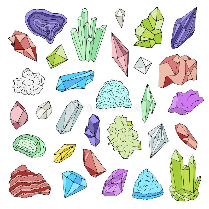 Minerals, Crystals, Gems Isolated Color Vector Illustration Hand Drawn ...