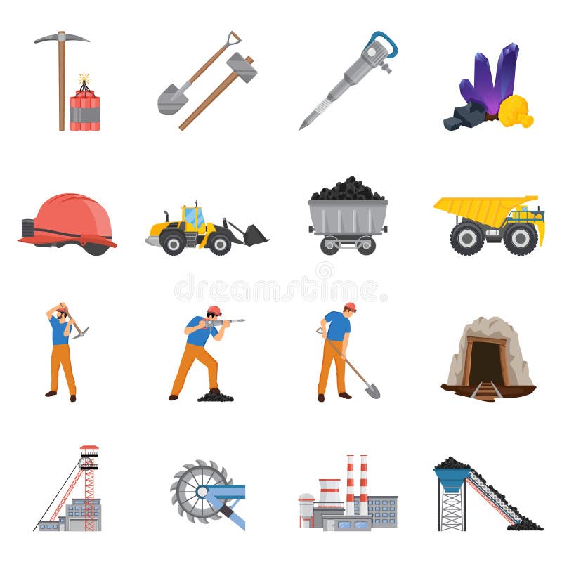 Minerals Mining Flat Icons Set Stock Vector - Illustration of equipment ...