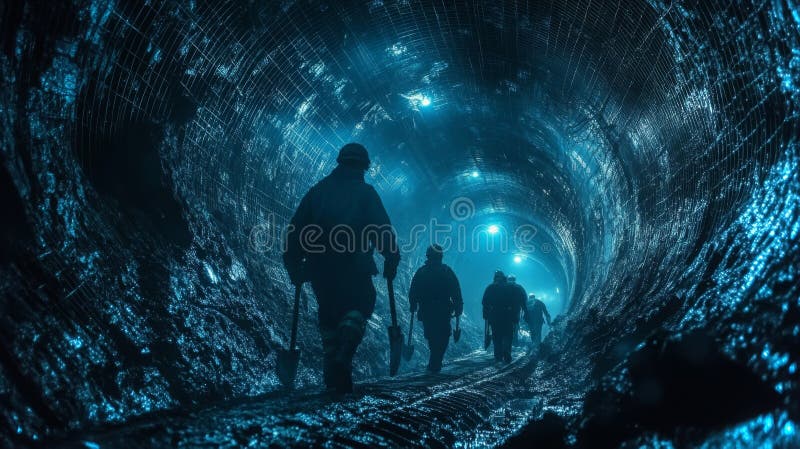 Miners Enter Dark Mine Shaft at Night for Essential Excavation Work ...