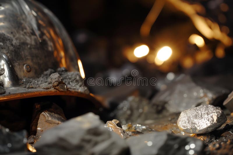 A Miners Helmet with a Light, Silver Nugget in Focus in the Foreground ...