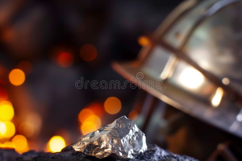 A Miners Helmet with a Light, Silver Nugget in Focus in the Foreground ...
