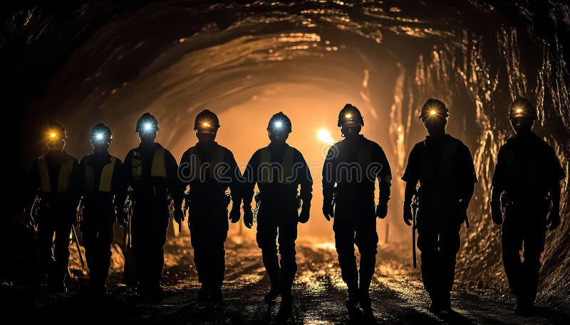 Miners Silhouette, Team of Coal Miners Walking into Underground Mine ...