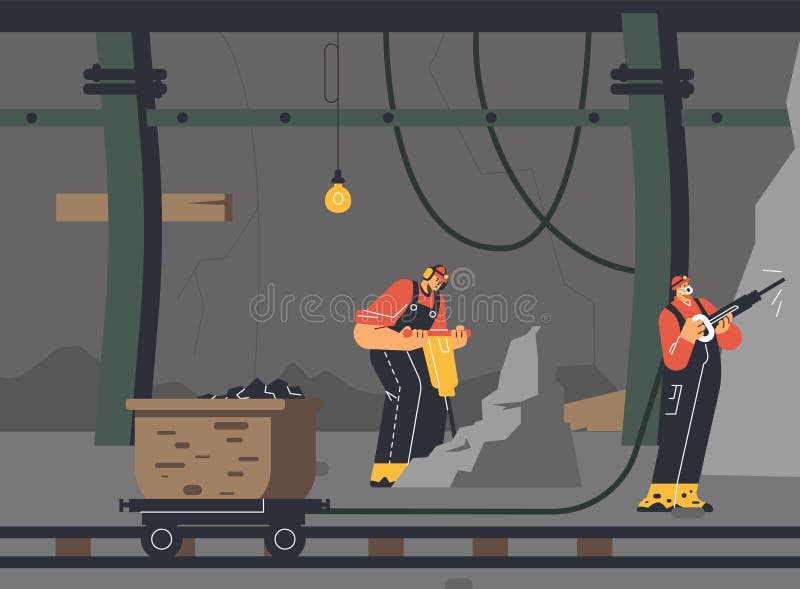 Miners Work in Mine with Industrial Equipment, Flat Vector Illustration ...