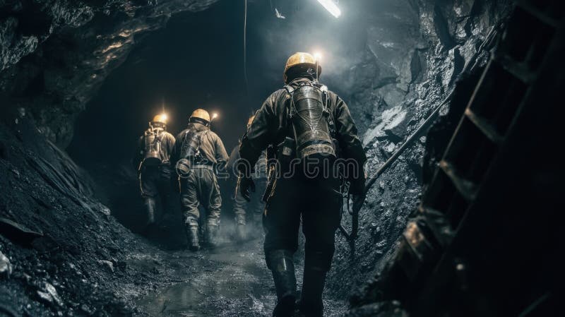 Miners Work Underground in a Dark Tunnel, Showcasing Teamwork and ...