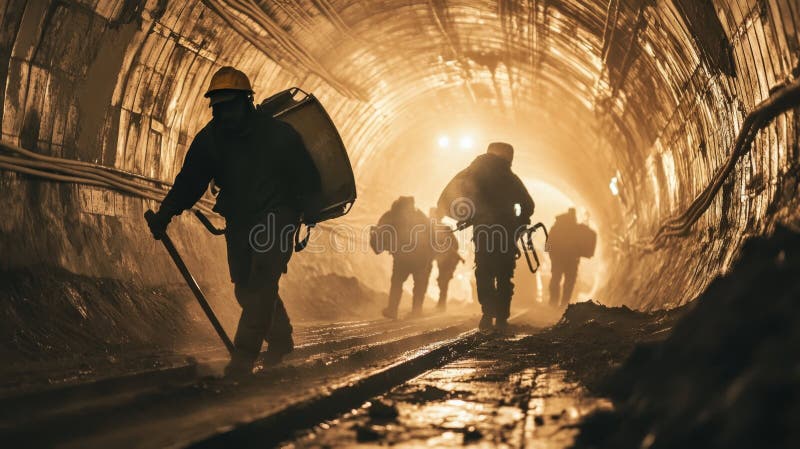 Miners Working Underground Carrying Heavy Loads in Dim Tunnel Stock ...