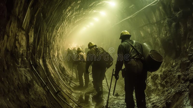Miners Working Underground in Dark Tunnel Carrying Heavy Loads Stock ...