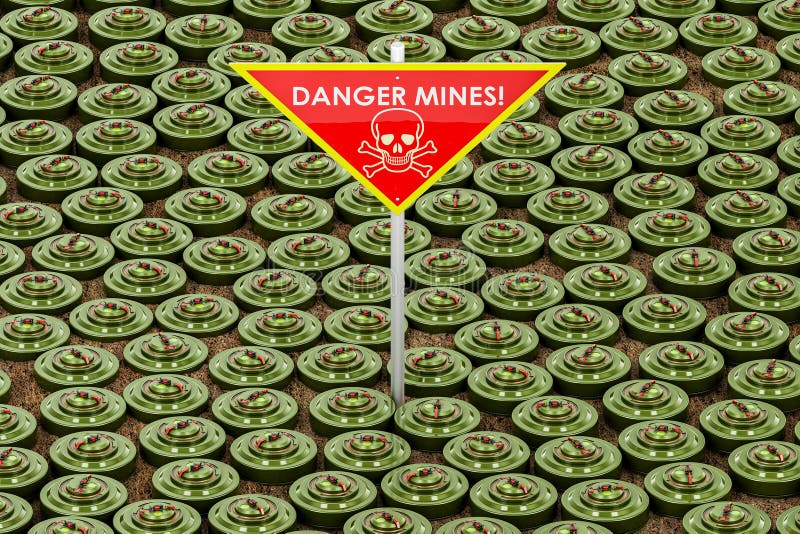 Mines with Danger Mines Sign, 3D Rendering Stock Illustration ...