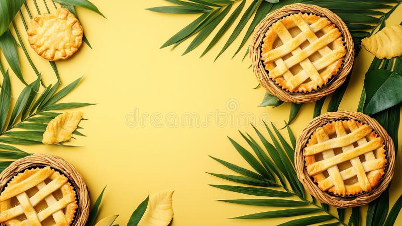 Mini Apple Pies in Nests with Palm Leaves on Yellow Background Stock ...
