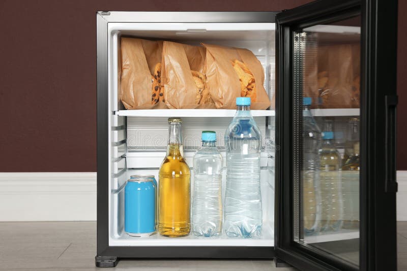Mini Bar Filled with Food and Drinks Indoors, Closeup Stock Image ...