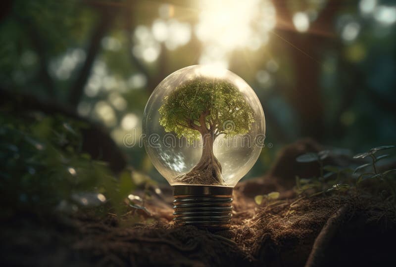 Mini Beautiful Tree Inside a Lightbulb while a Forest is in the ...