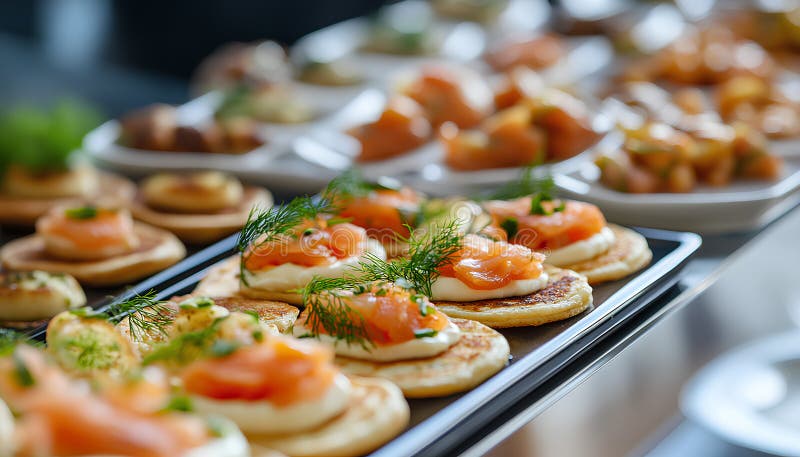 Mini Blini Pancakes with Soft Cheese, Cold Smoked Salmon and Dill Stock ...