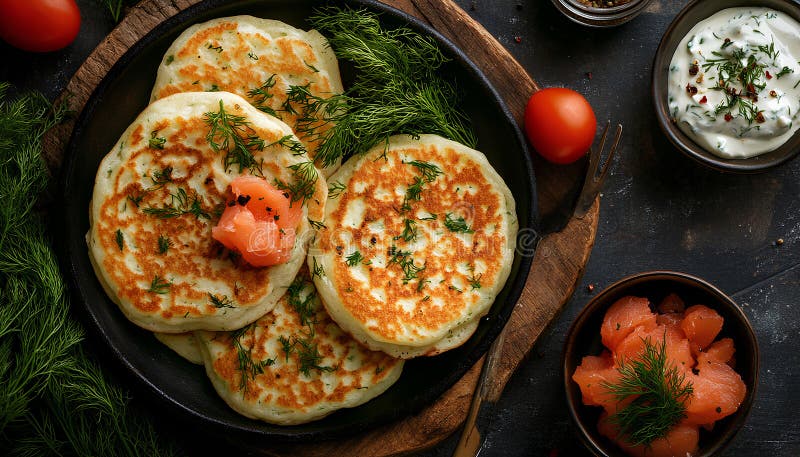 Mini Blini Pancakes with Soft Cheese, Cold Smoked Salmon and Dill Stock ...