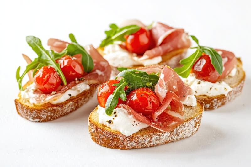 Mini Bruschetta Appetizers Presented on White Background. Selection of ...