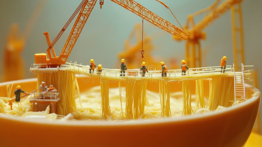 Mini Builders Create Spaghetti Bridge Over Soup Bowl Utilizing Cranes Stock Illustration ...