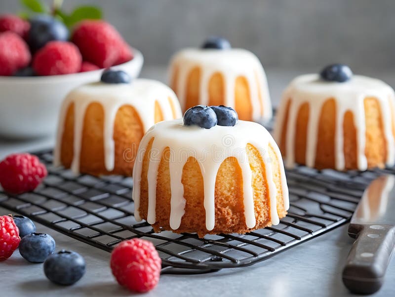 Mini Bundt Cakes with Fresh Berries and Icing Stock Illustration ...