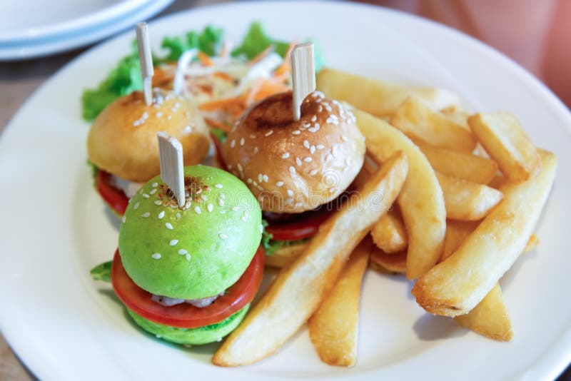 Mini Burger Set in White Plate. Stock Photo - Image of dinner ...