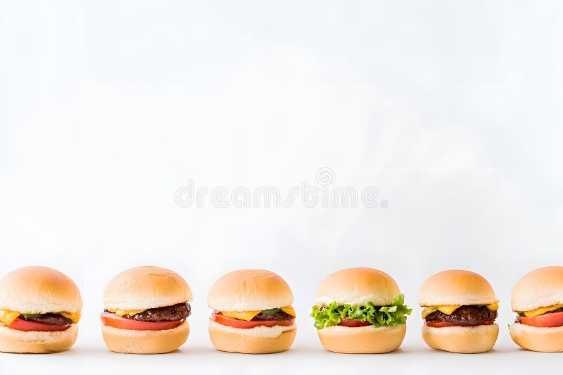 Mini Burgers in a Row, Bottom Blank Space for Discount Banner Text ...