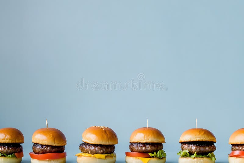 Mini Burgers in a Row, Bottom Blank Space for Discount Banner Text ...