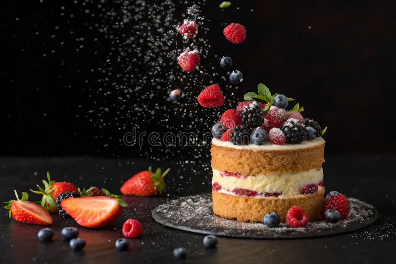 Mini Cake with Berries Floating on Black Background, HDR Image ...