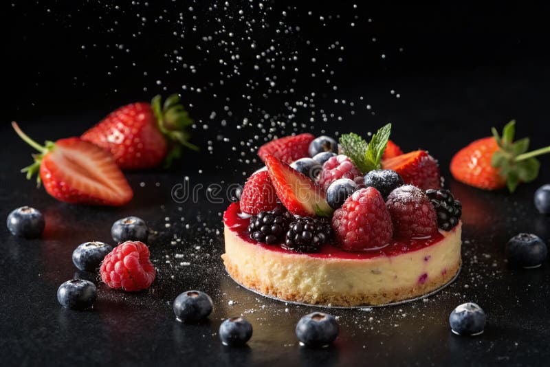 Mini Cake with Berries Floating on Black Background, HDR Image ...