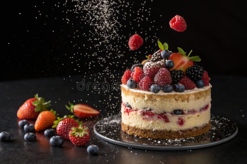 Mini Cake with Berries Floating on Black Background, HDR Image ...