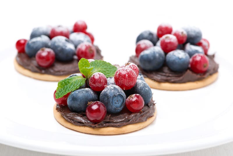 Mini Cakes with Chocolate Cream and Berries on the Plate Stock Image ...