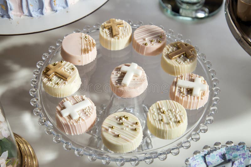 Mini Cakes on the Dessert Table of the First Communion Stock Image ...