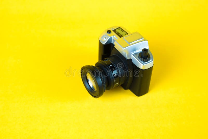 Mini Camera Toy on Yellow Background, Copy Space for Add Text. Stock ...