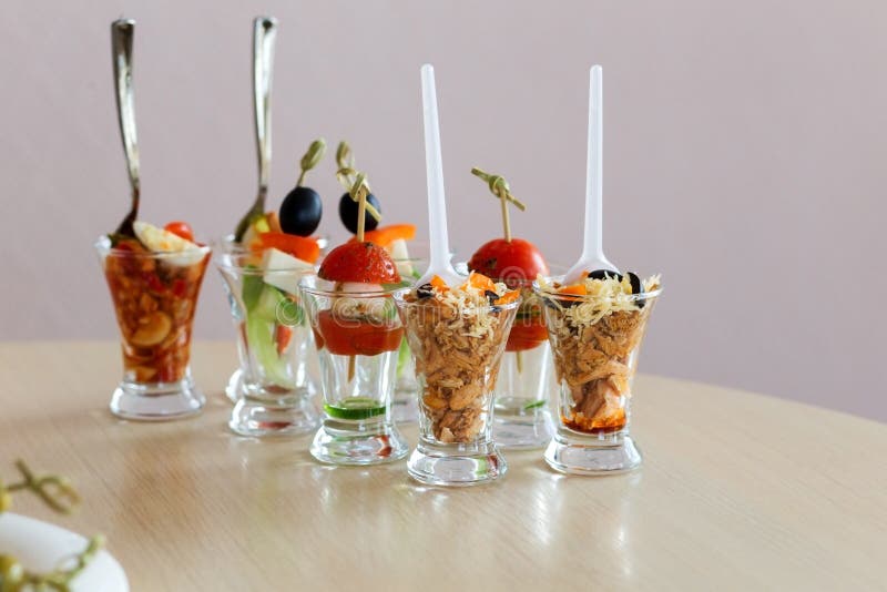 Mini Canape with Meat and Vegetables in Numerous Glass Cups Stock Photo ...