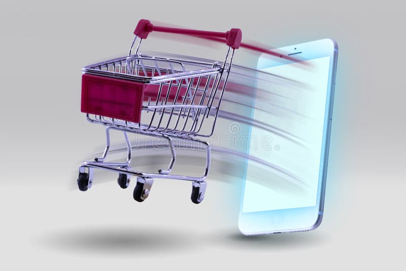 Mini Cart Shopping from Smart Phone. Concept Shopping Stock Photo ...