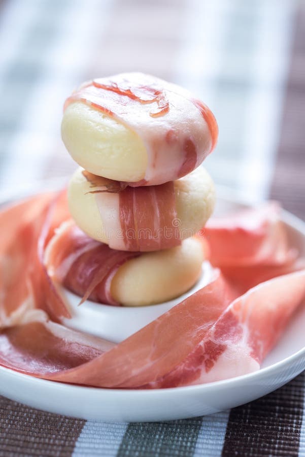 Mini Cheese and Prosciutto Wraps on the Plate Stock Image - Image of ...