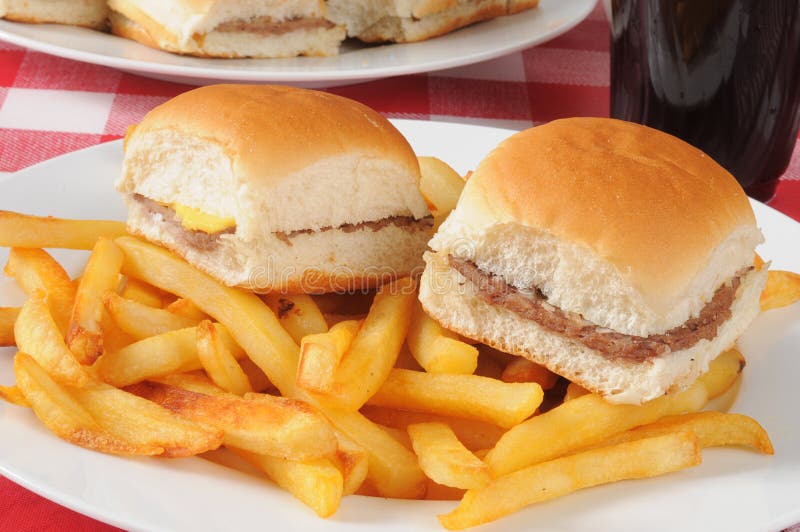Mini Cheeseburgers with Fries Stock Photo - Image of horizontal, snack ...