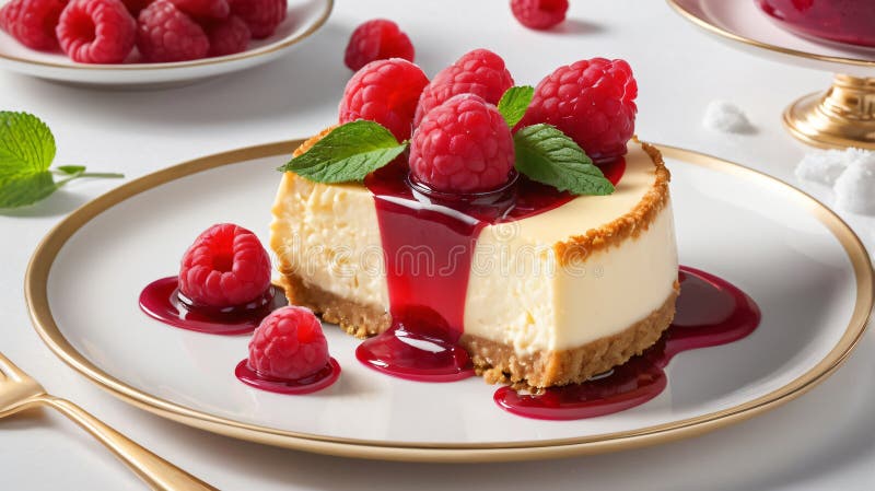 Mini Cheesecake with Raspberries and Raspberry Sauce Drizzled on ...