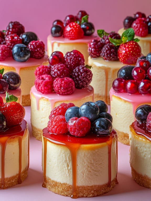 Mini Cheesecakes Topped with Fresh Berries and Caramel Drizzle. Stock ...