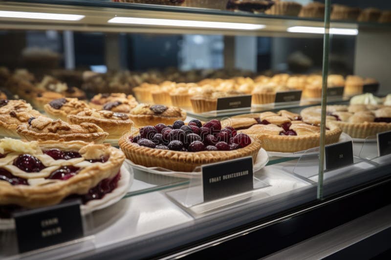 Mini Cherry Pies on Display in Bakery Case, Surrounded by Pastries and ...