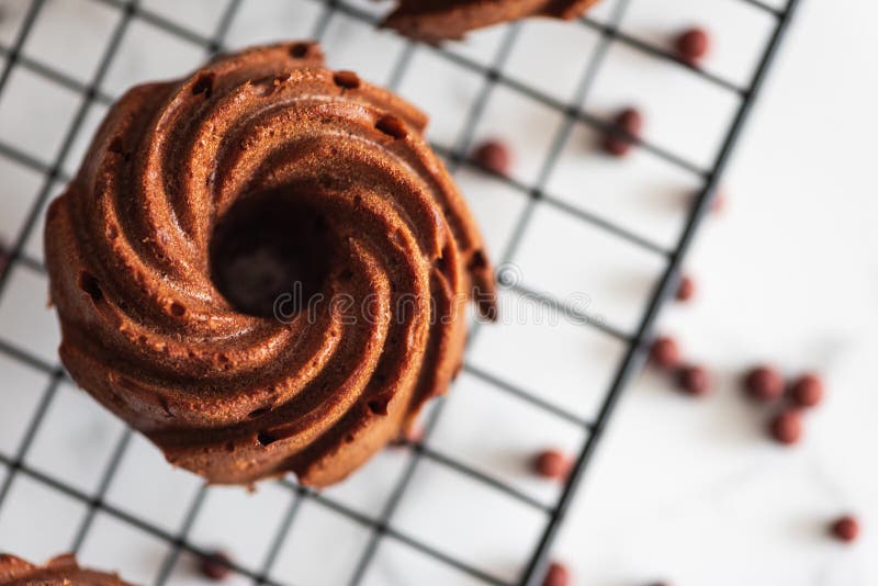 Mini Chocolate Bundt Cakes on a Cooling Rack. Top View Stock Photo ...