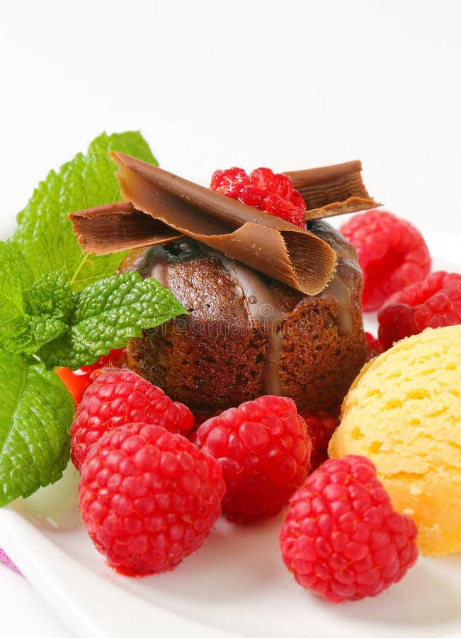 Mini Chocolate Cake with Fresh Raspberries and Ice Cream Stock Image ...
