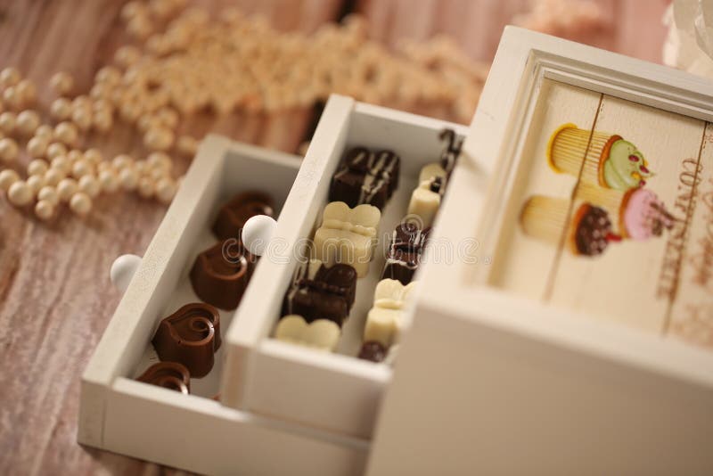 Mini Chocolate Sweets in a Wooden Box Stock Image - Image of food, love ...