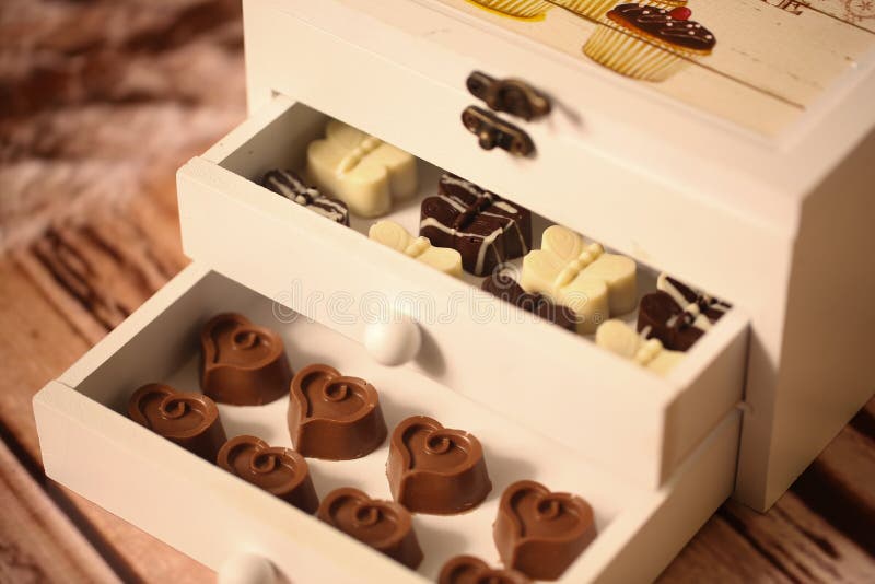 Mini Chocolate Sweets in a Wooden Box Stock Photo - Image of candy ...