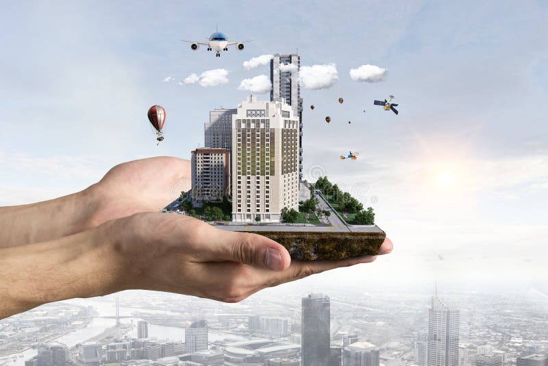 Mini city design stock image. Image of gear, tower, hand - 96499343