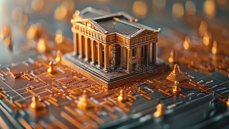Mini Classical Building on Circuit Board Symbolizes Finances Digital ...