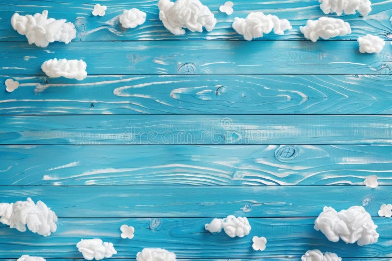 Mini Clouds on Blue Wooden Background, Cotton Wool Clouds on Blue ...