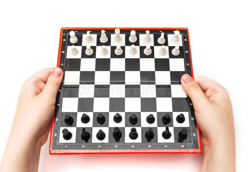 Mini Compact Chess with Small Figures in Hands Stock Photo - Image of ...