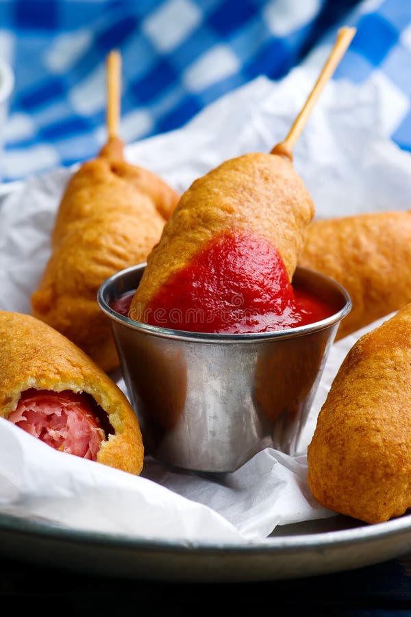 Mini corn dog.style rustic stock image. Image of ketchup - 105660107