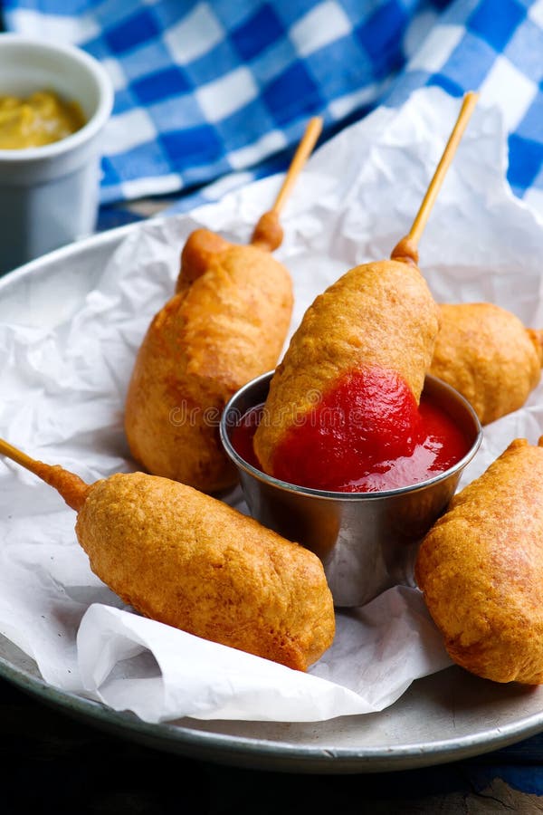 Mini corn dog.style rustic stock photo. Image of hotdog - 105660156