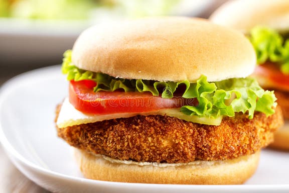 Mini Crispy Chicken Burger with Lettuce Tomato and Cheese. Stock Image ...